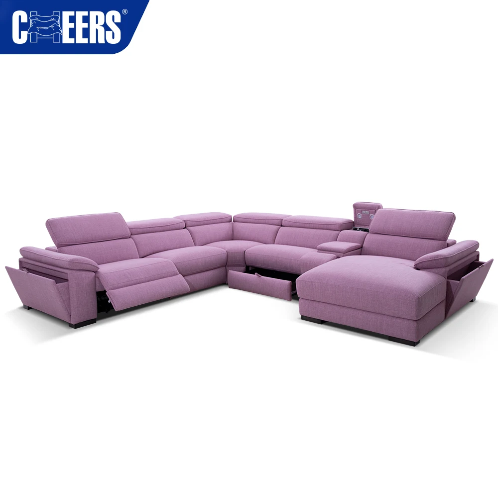 MANWAH CHEERS Living Room Sofa Euro Fabric Pink Wood Modern 7 Seater ...