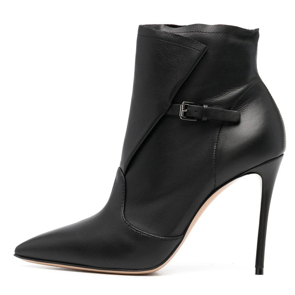 Stylish Microfiber Black Booties with Buckle Pointed Toe