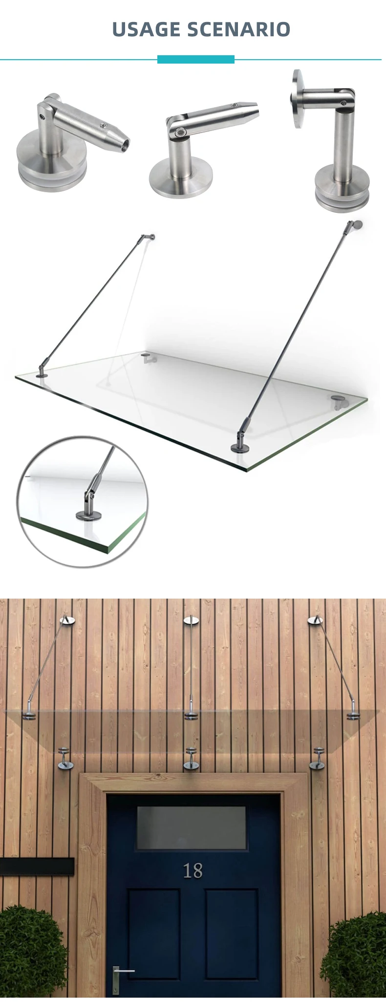 Modern Steel Glass Awning Wall to Rod Brackets Hardware