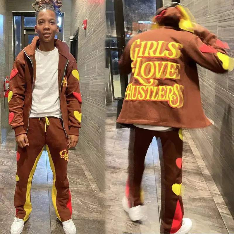 Puff Printing Full Zip Up Hoodie And Flare Pants Sets Custom Sweatsuit ...