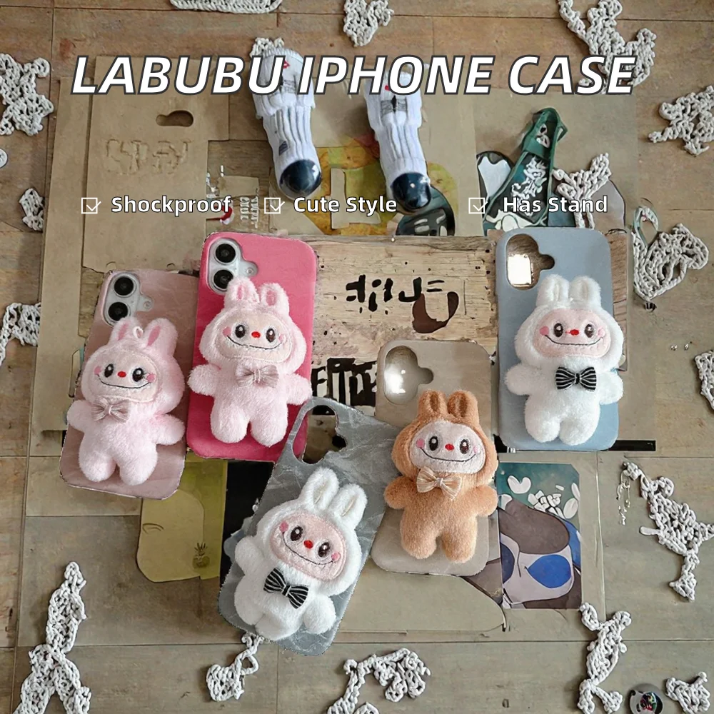 Silk Plush Labubu Anti-Fall TPU Phone Stand Case for iPhone 11 12 16 ...