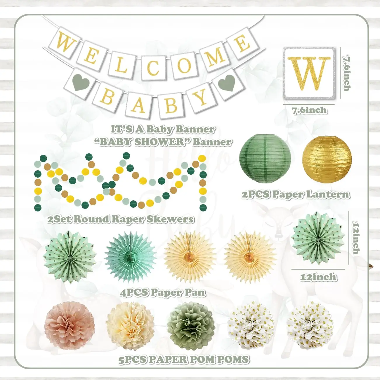 Welcome Baby Banners Sage Green Gold White Paper Lantern Paper Flower ...