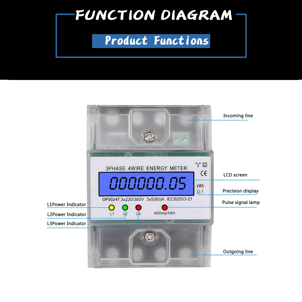 Din Rail 380V 80A 3 Phase 4 Wire Watt Power Meter - ISO CCC CQC