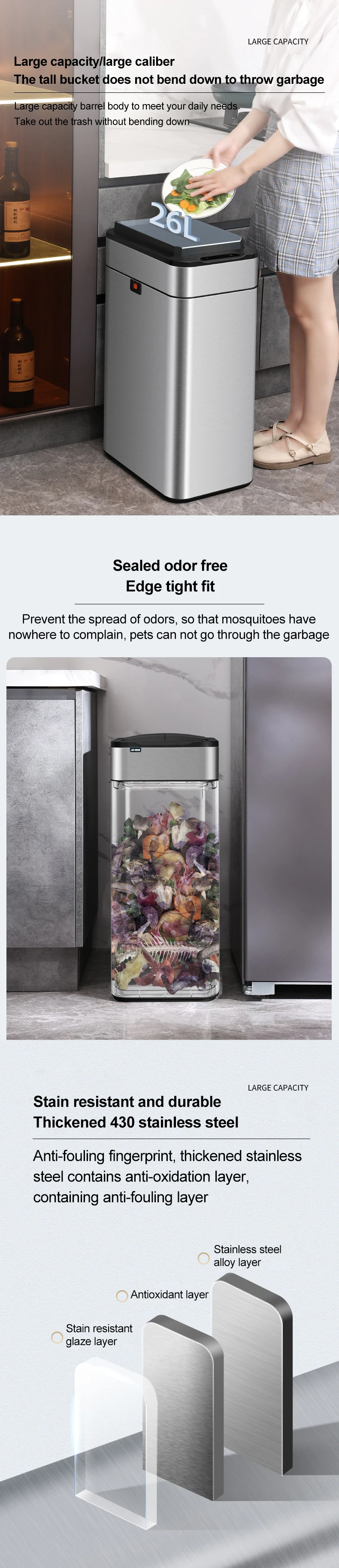 60l Rectangular Vibration Smart Sensor Trash Can Stainless Steel Garbage Waste Bin With Soft ...