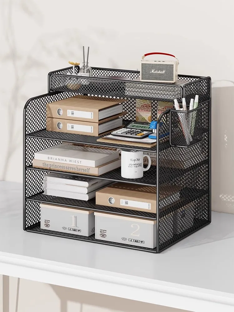 Mesh Metal Office Desk Organizer Lacquer Finish Standing File Rack with ...