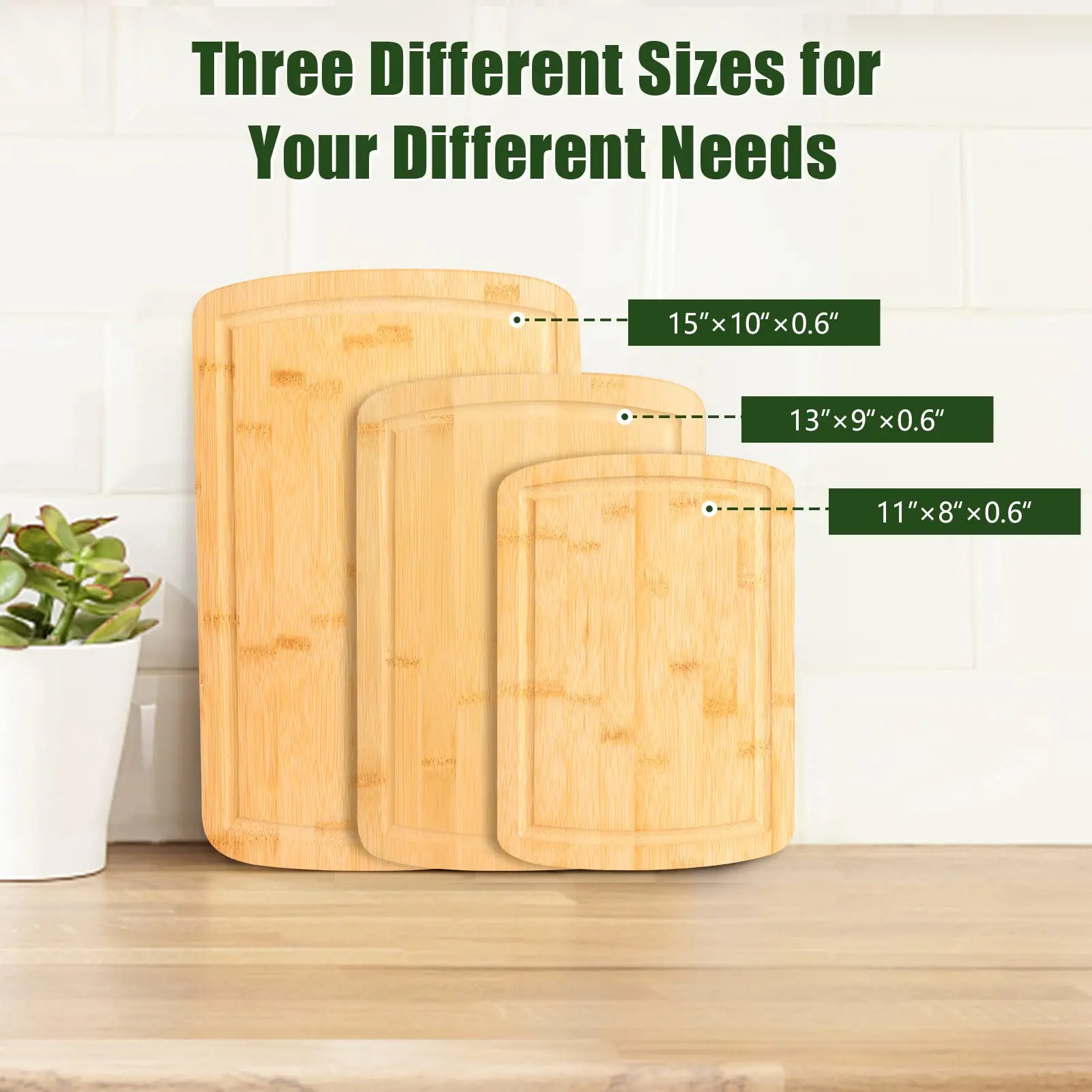 Thick Bamboo Kitchen Cutting Board Set with Side Handle and Juice Trough for Chopping Blocks ...