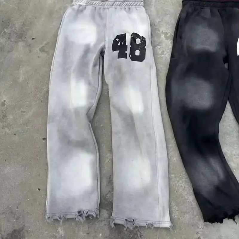 Custom Stacked Sweatpants Distressed Embroidery Patch Logo Mens Acid ...