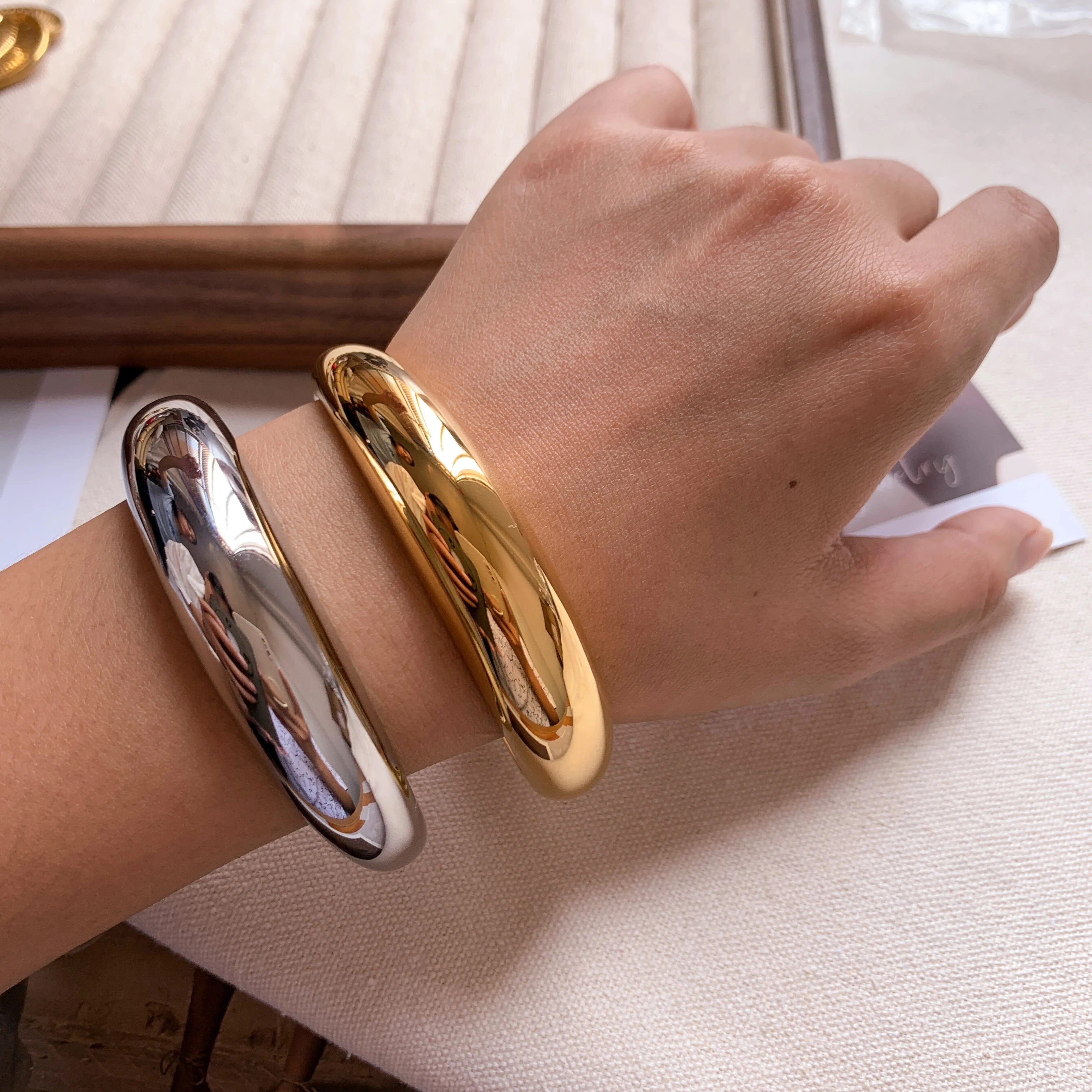 Chunky Thick Bold Cuff Bangles - Stainless Steel PVD 18k Gold Plated