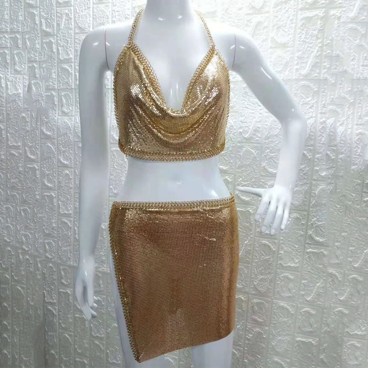 Sexy Women Backless Metal Chains Sequins Low Cut Dress Night Club Party ...