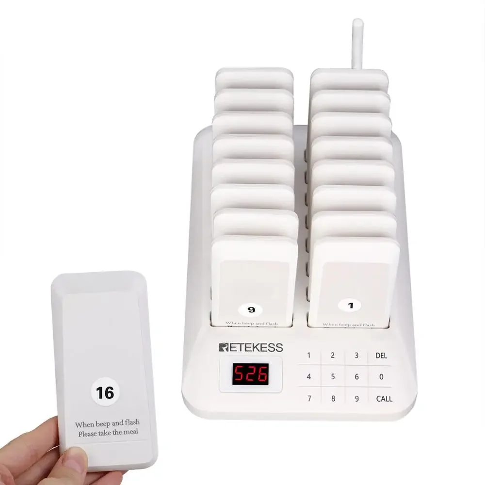White Wireless Waiter Call System Transmitter 16 Rechargeable Pager for ...