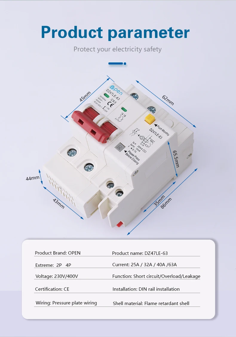 Open Electric DZ47LE-63 400V 2P+N 40A 30ma RCBO Circuit Breaker