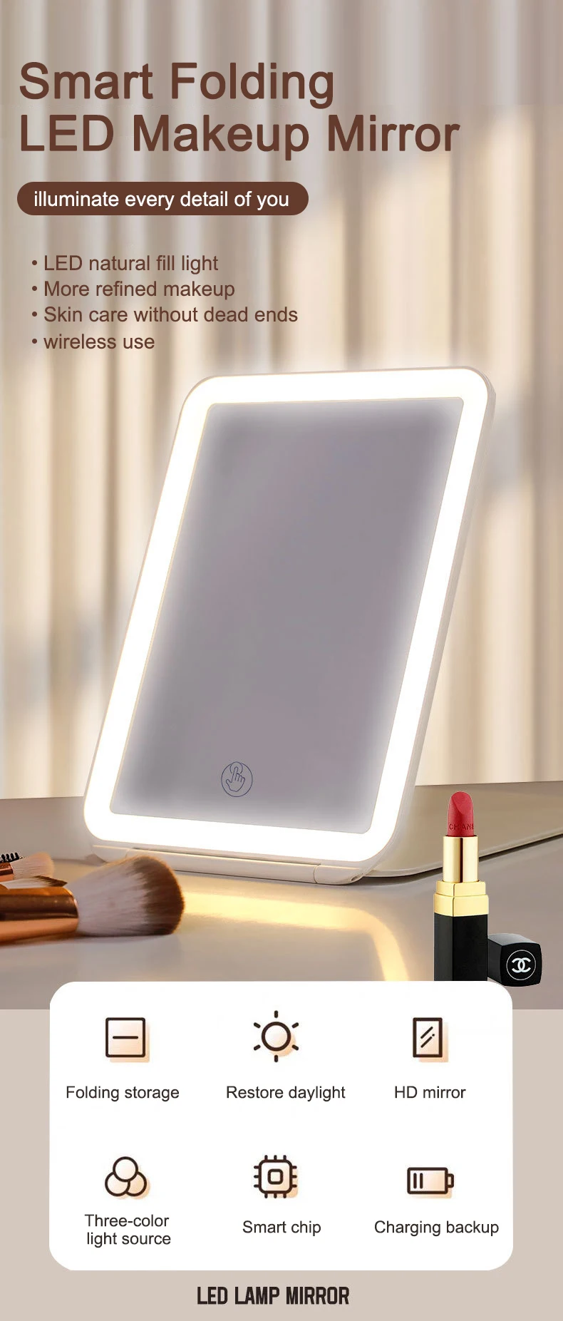 Portable Custom Fold Touch Screen Led Makeup Mirror Brightness ...