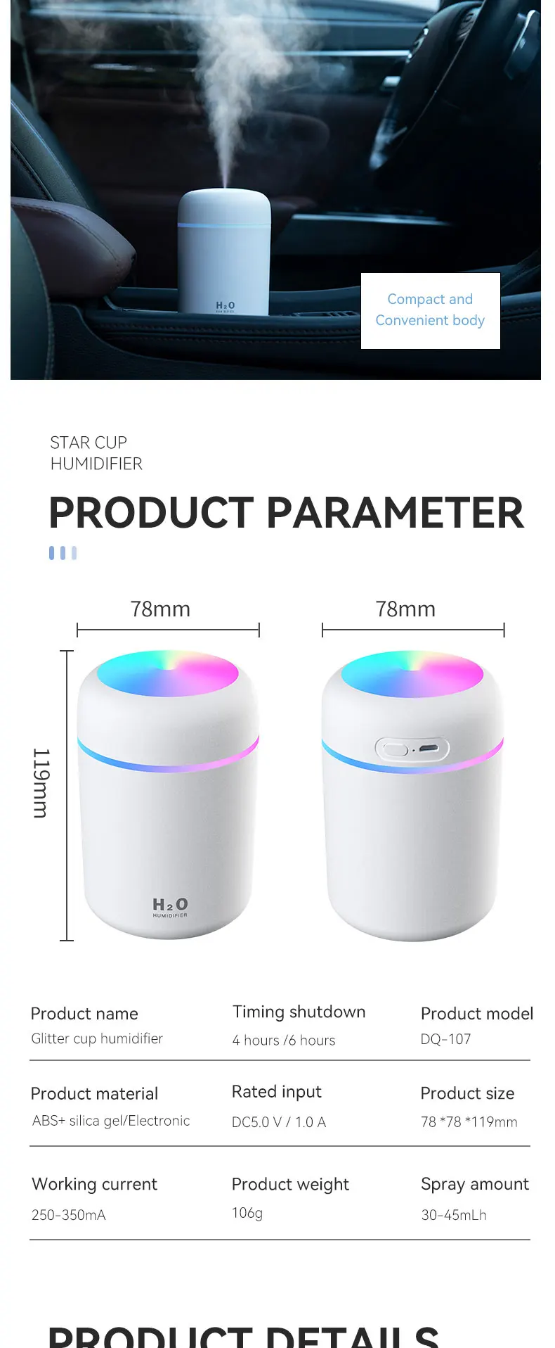 Portable Mini 300ml H2o Car Humidifiers USB Personal Desktop Cool Mist Air Humidifier With ...