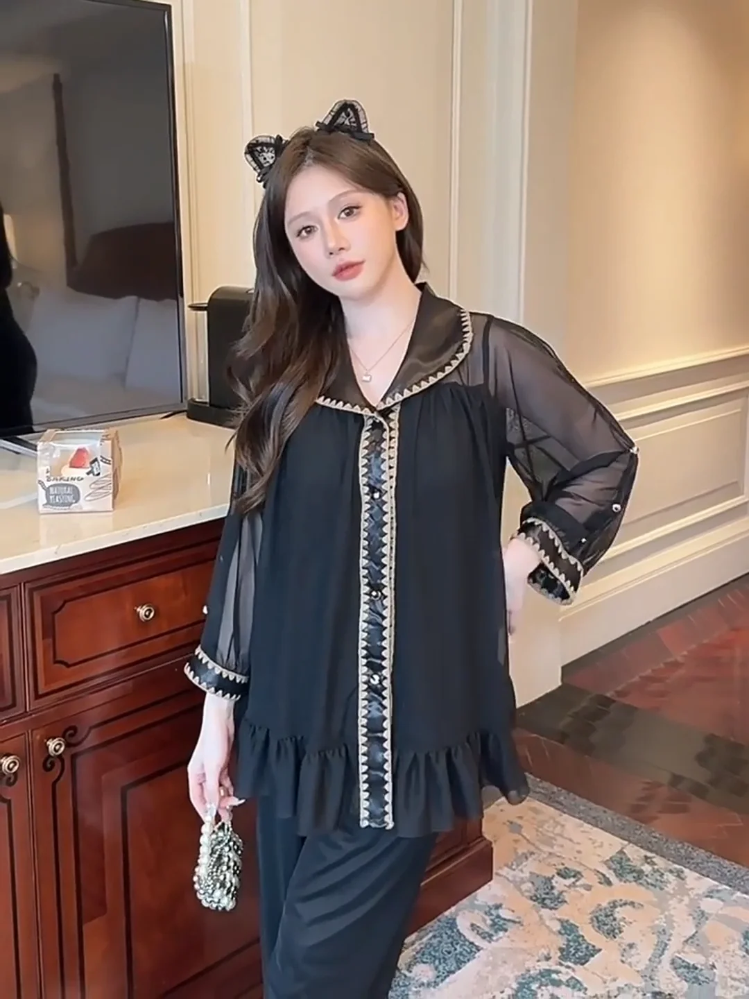 Black Mesh Sexy Pajama 2-piece Set With Lapel Collar Long Sleeved Pants ...