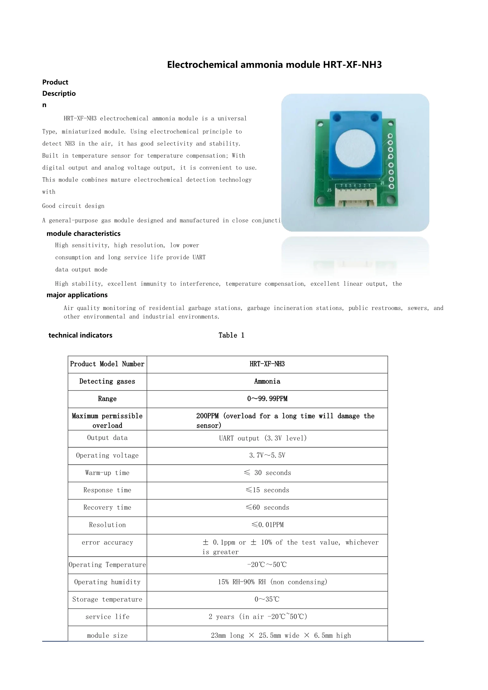 HRT-XF-NH3 Electrochemical Ammonia Module Environmental Sensor Gas ...