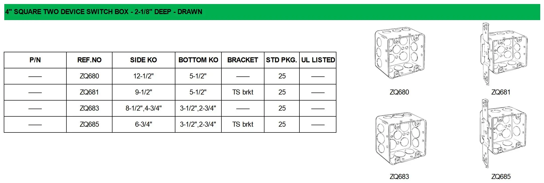 4" Square Box Device Switch Box - 2-1/8" Deep - Drawn - Buy 4" Square ...