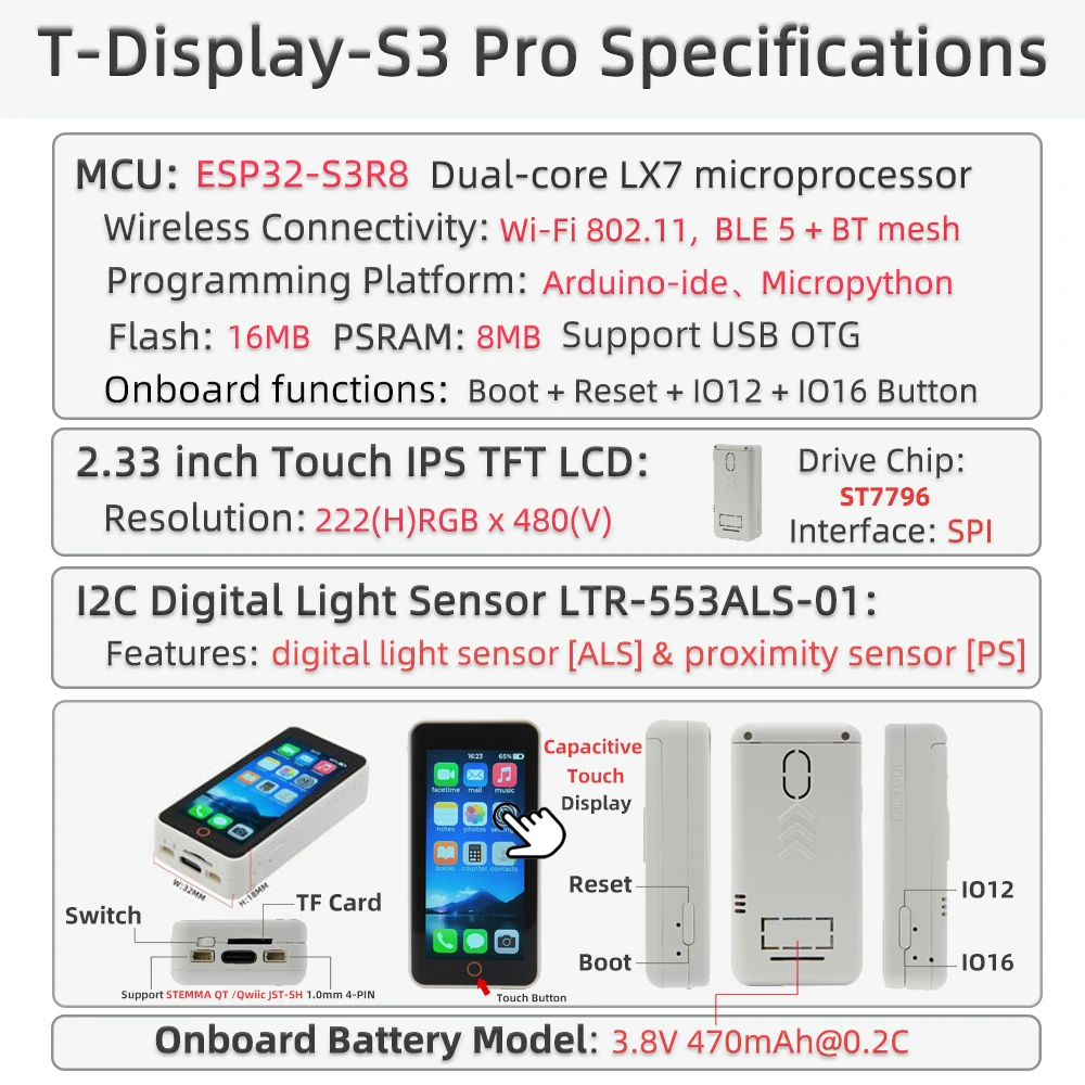 LILYGO T-Display-S3-Pro ESP32-S3 Dev Board with 2.33-Inch Display