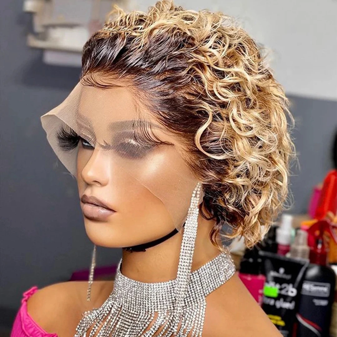 Ombre Short Bob Pixie Cut Wig Straight Human Hair Wigs T Part
