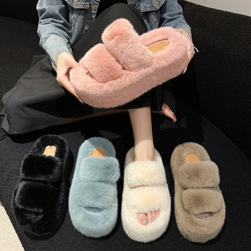Candy color women 7cm platform slip-on plush slippers winter indoor ...