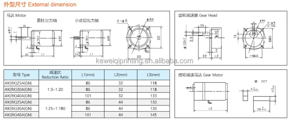 Taibang GPG Motor 4RK40GN-C 220V 40W with Gearhead Options
