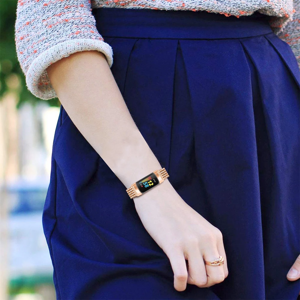 Metal Link Diamond Watch Band Replacement Wristband For Fitbit Charge 5 ...