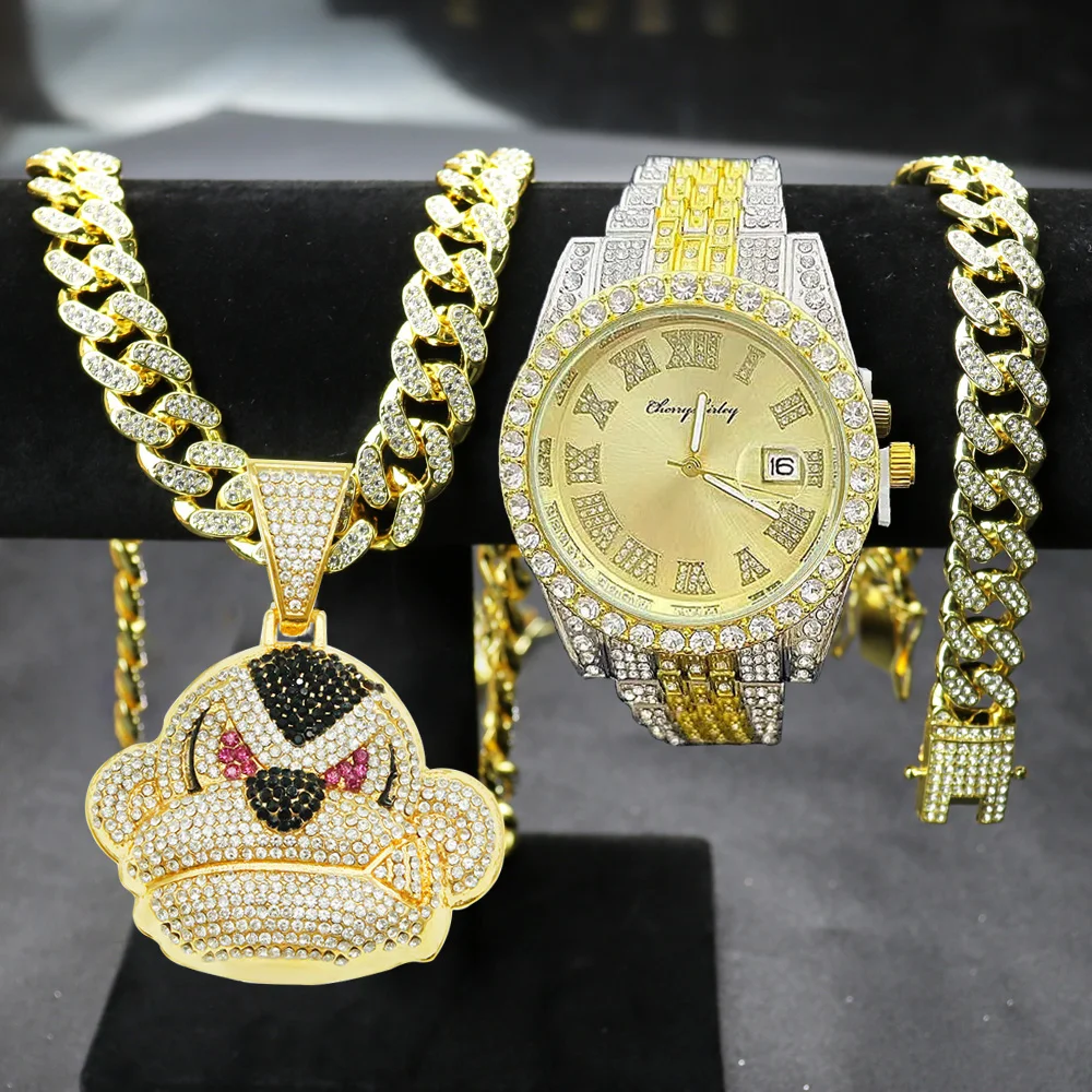 Iced Out Miami Cuban Link Chain Hip Hop Men Watches Monkey Pendant ...