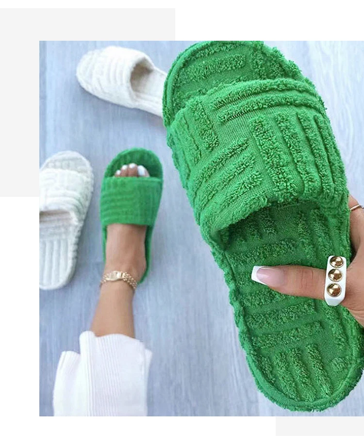 Peep Toe Thick Sole Women Slippers Green Corduroy Fur Flat Ladies ...