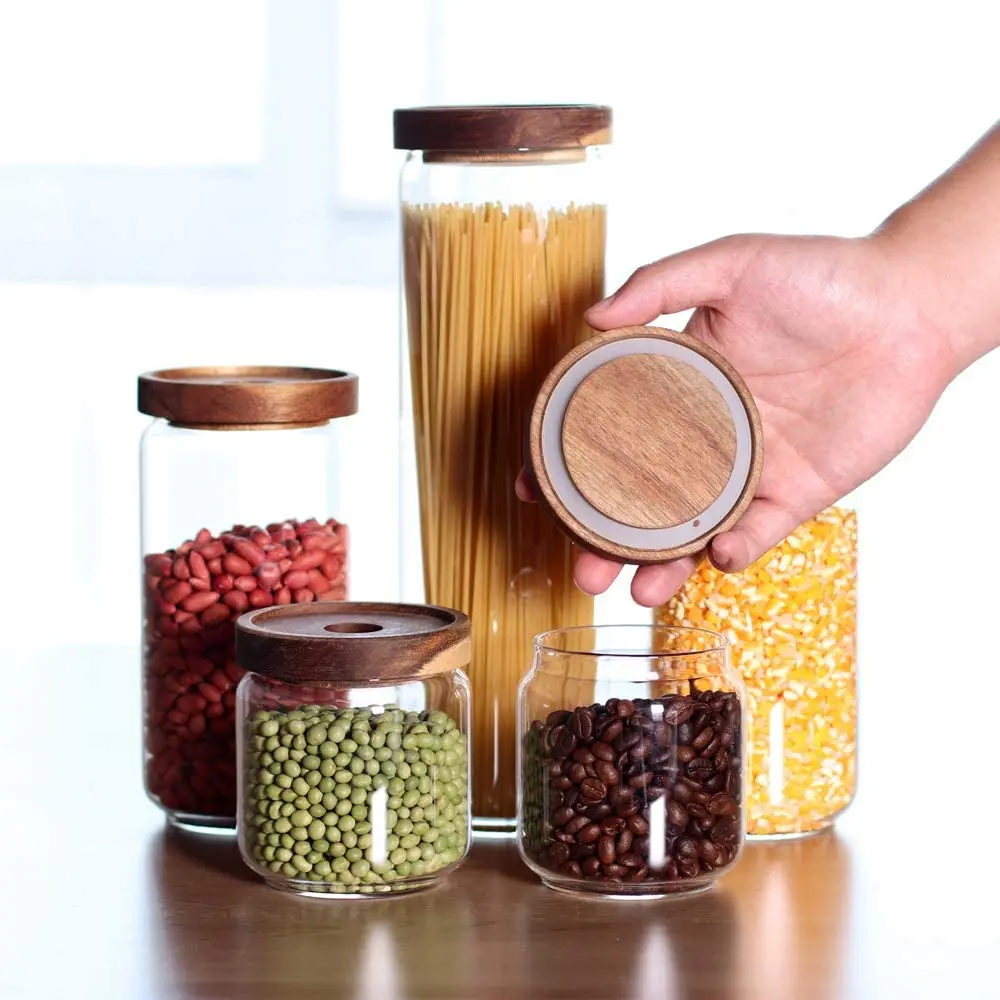 650ml 1150ml 1500ml 1900ml High Borosilicate Glass Food Storage Jar Canister With Acacia Wood ...