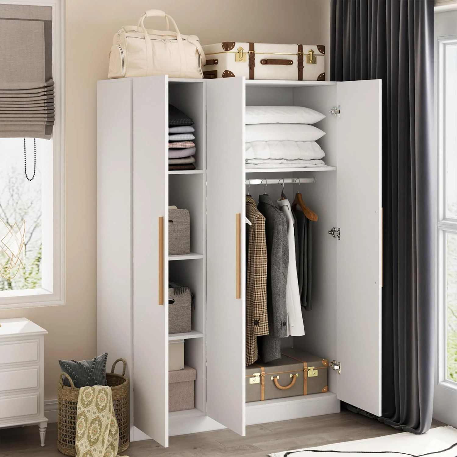 Modern Design Wooden Armoire Storage Closet With Shelves Hanging Rod 3 ...