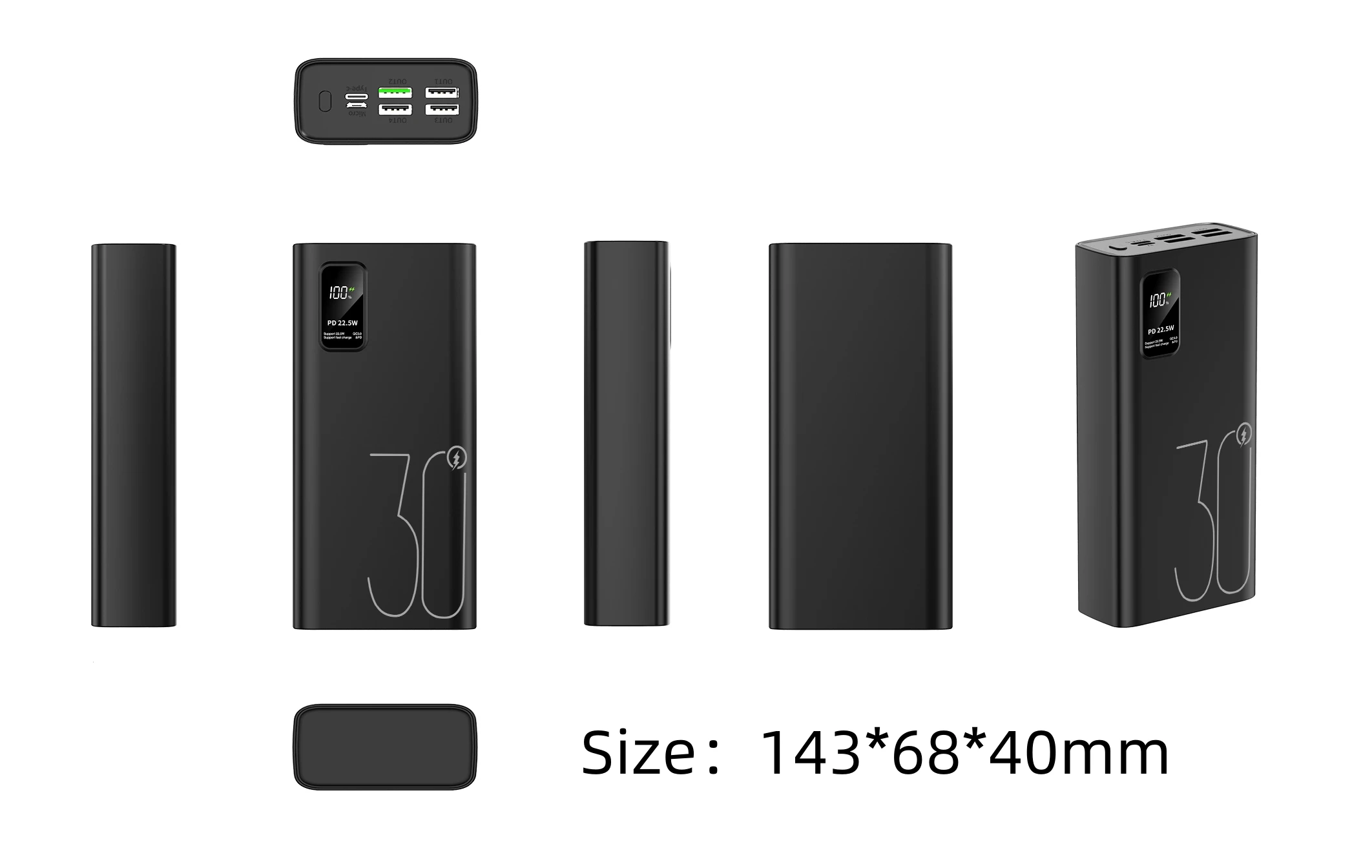 High Capacity 30000mah Powerbanks With Digital Display Four USB Type C ...