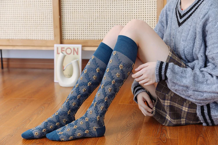 Retro Ethnic Knee High Socks Women Plaid Floral Patterned