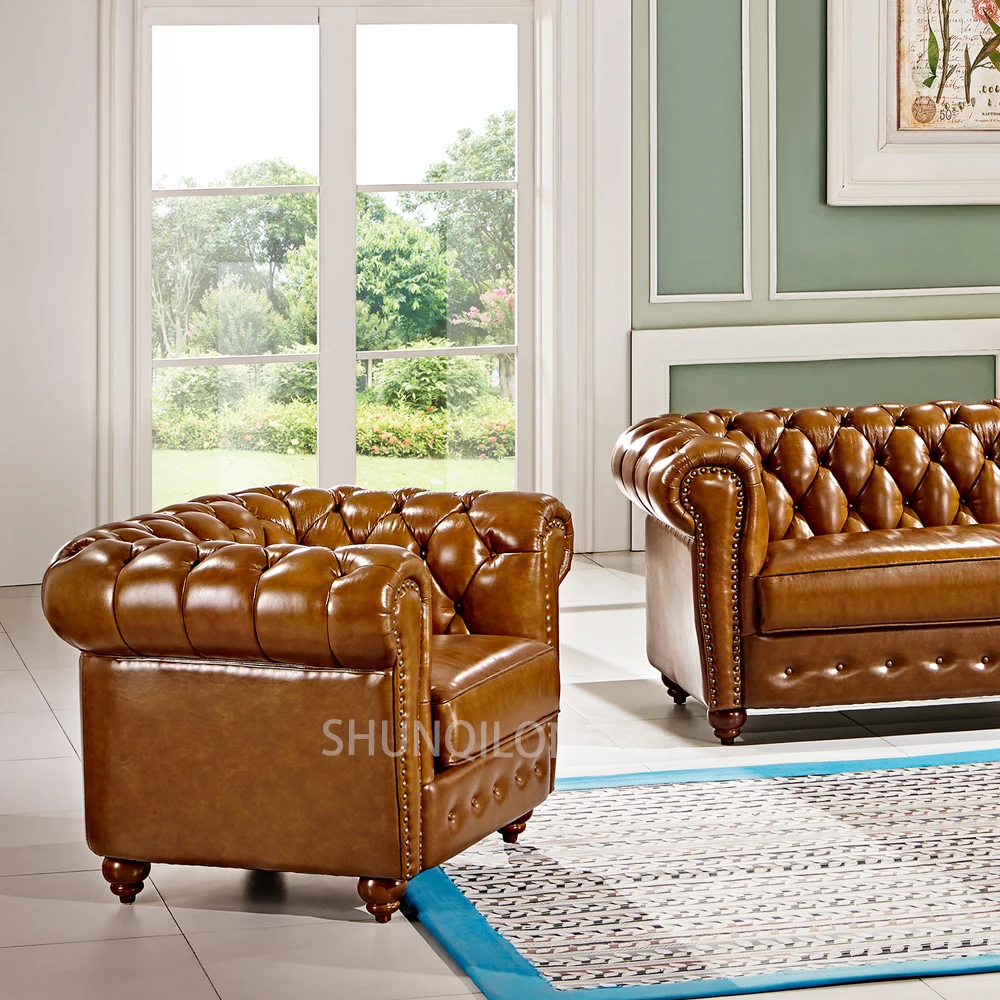 Customized Upholstered Solid Wood Buttons Decor Couch Pu Leather Hotel ...