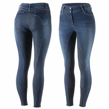 Womens Denim Blue Jeans Riding Full Seat Knee Breeches Silicone Riding ...