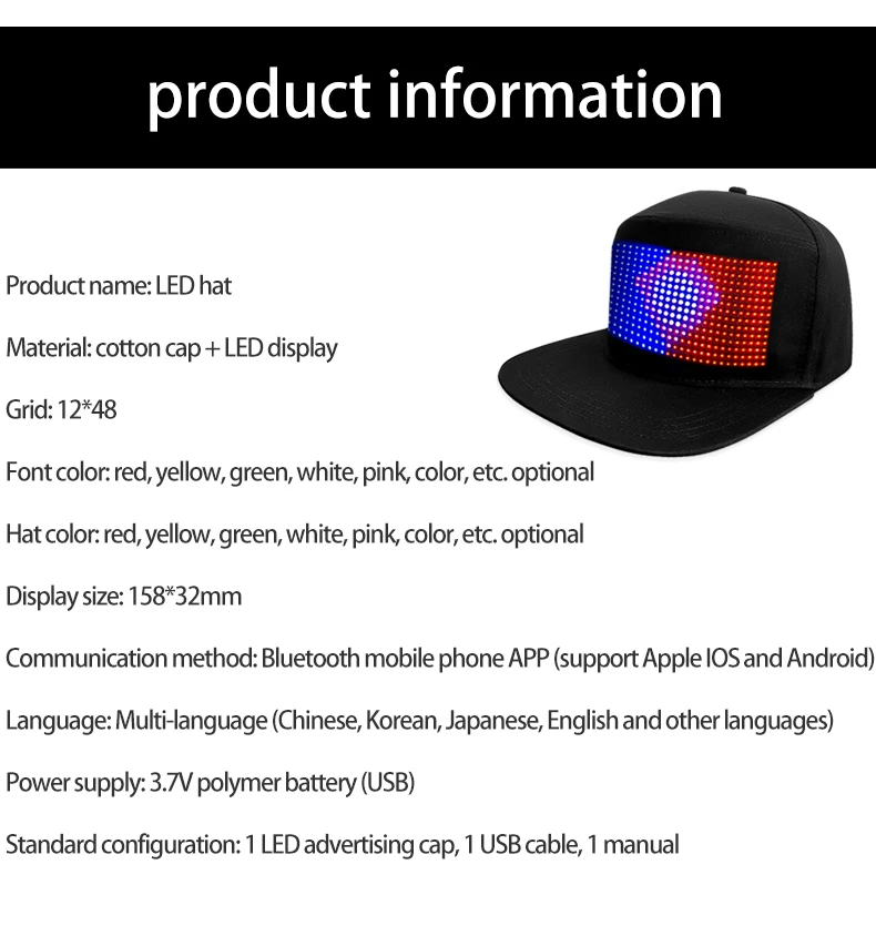 RGB Color Scrolling Message LED Cap with APP Programmable