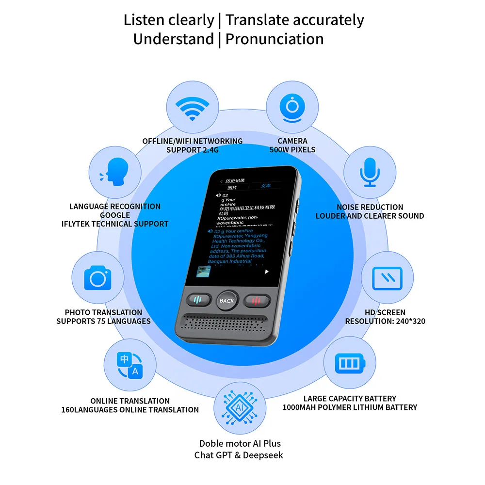 T13 Android Smart AI Mini Translator Device 160 Languages IPS Display ...