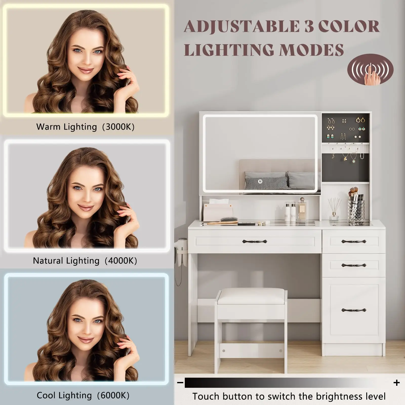 White Wooden Standing Dressing Table Cabinet Dressing Room Wood Lighted ...