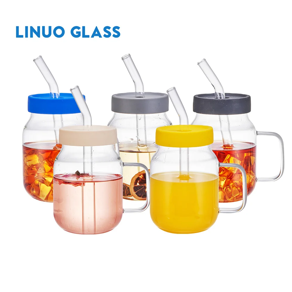 Linuo Custom Logo Borosilicate Glass Mason Jar Cups With Silicone Lids ...