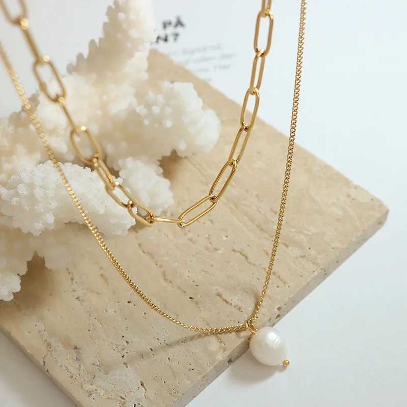 Waterproof 18k Gold Plated Stainless Steel Necklace Jewelry Double
