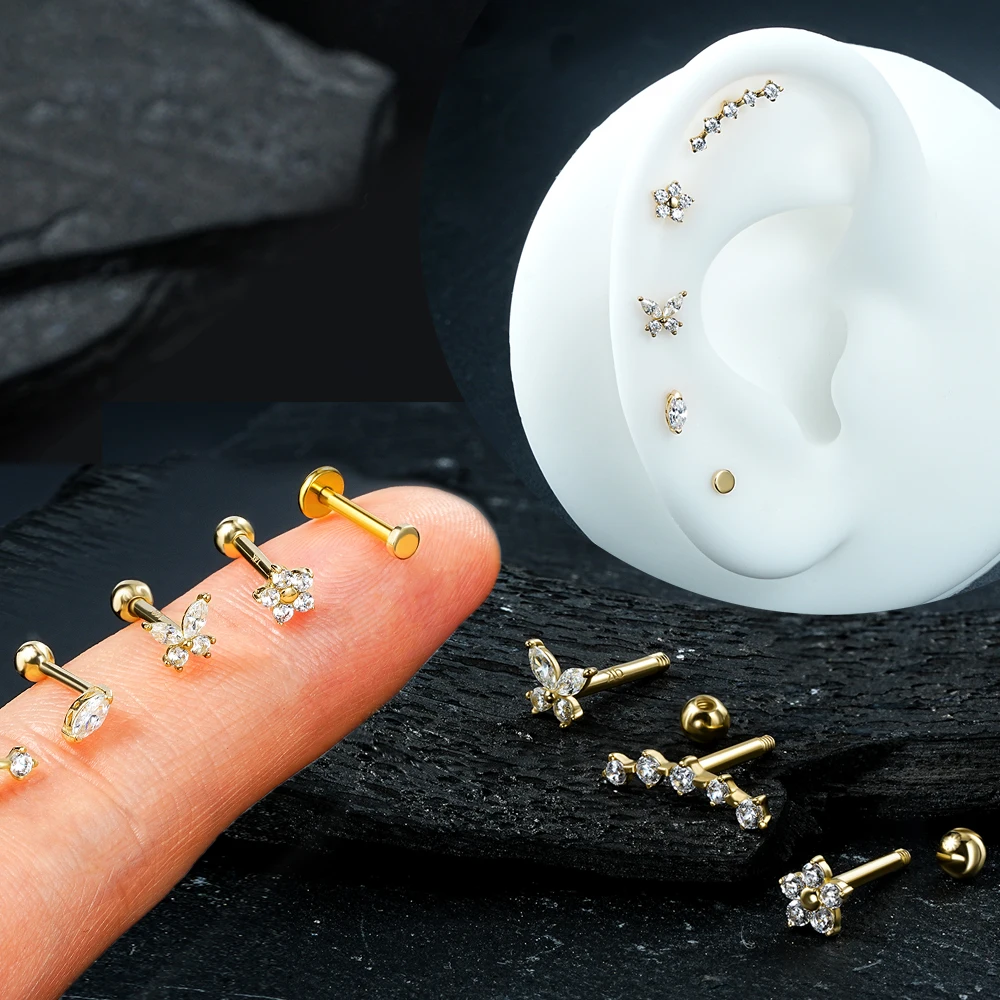 14K Yellow Solid Gold Flower Clear CZ Stones Internally Threaded Labret ...