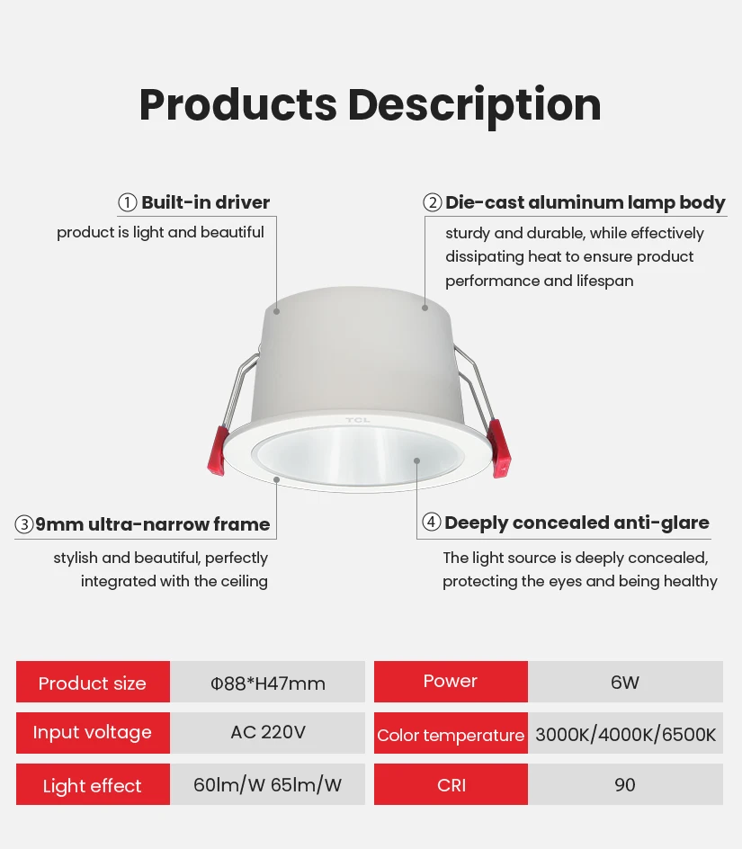 TCL 75mm Cut Size LED Recessed Downlight Deep Anti-Glare with UGR