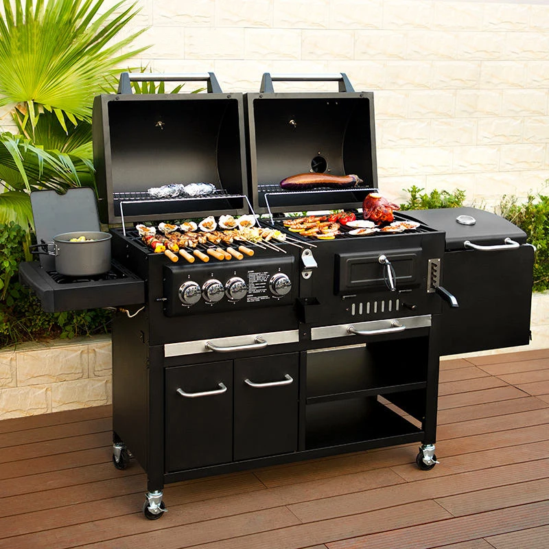 Outdoor Large Hybrid Gas And Charcoal Grill Trolley 4 Burner Bbq Smoker ...