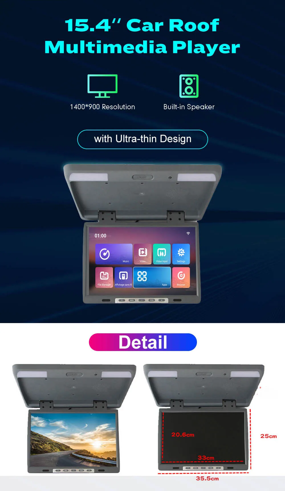 9/11.6/12.5/15.4/15.6/17.3/19 Inch Android Car Roof Flip down Monitor