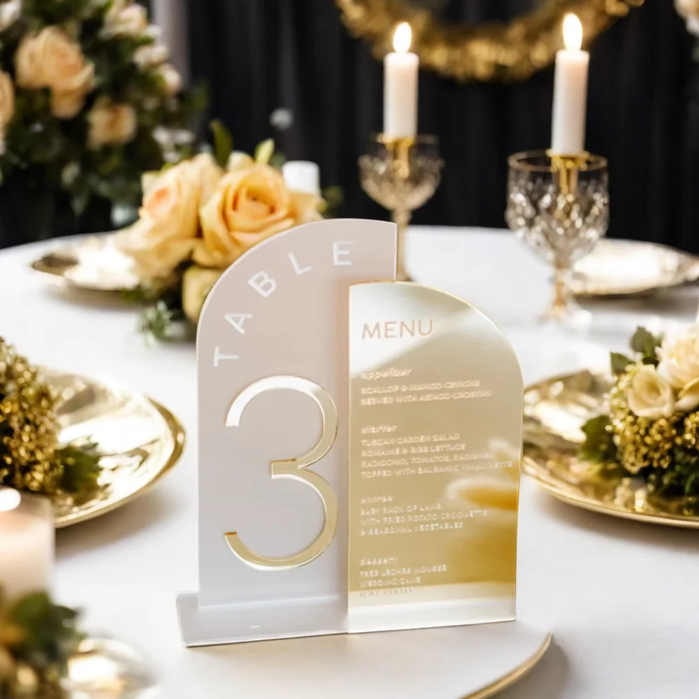 Double Half Arched Frosted Gold Mirror Wedding Table Numbers With Menu ...