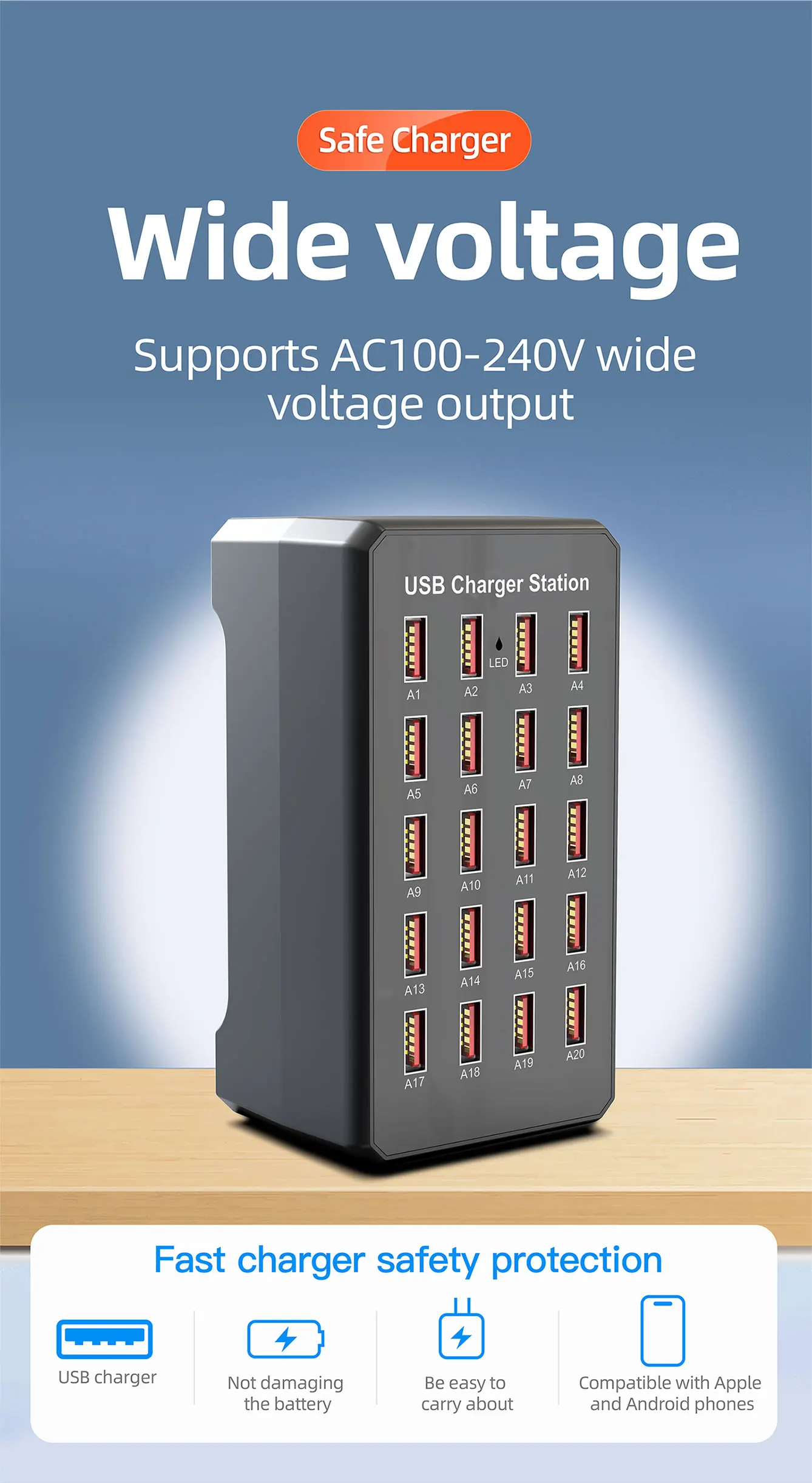 20-port 100W Multi USB Charger - Universal Mobile Charging
