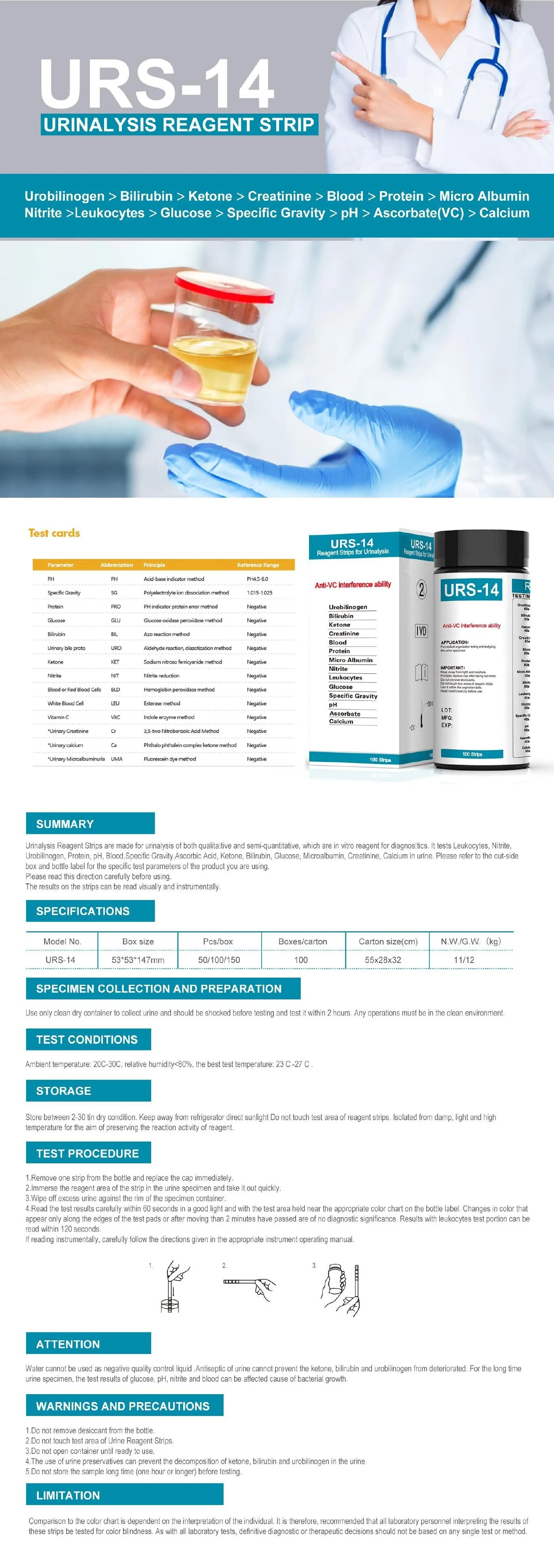 Merydi 14 Parameter Urinalysis Home Use Professional Diabetes, Ketones ...