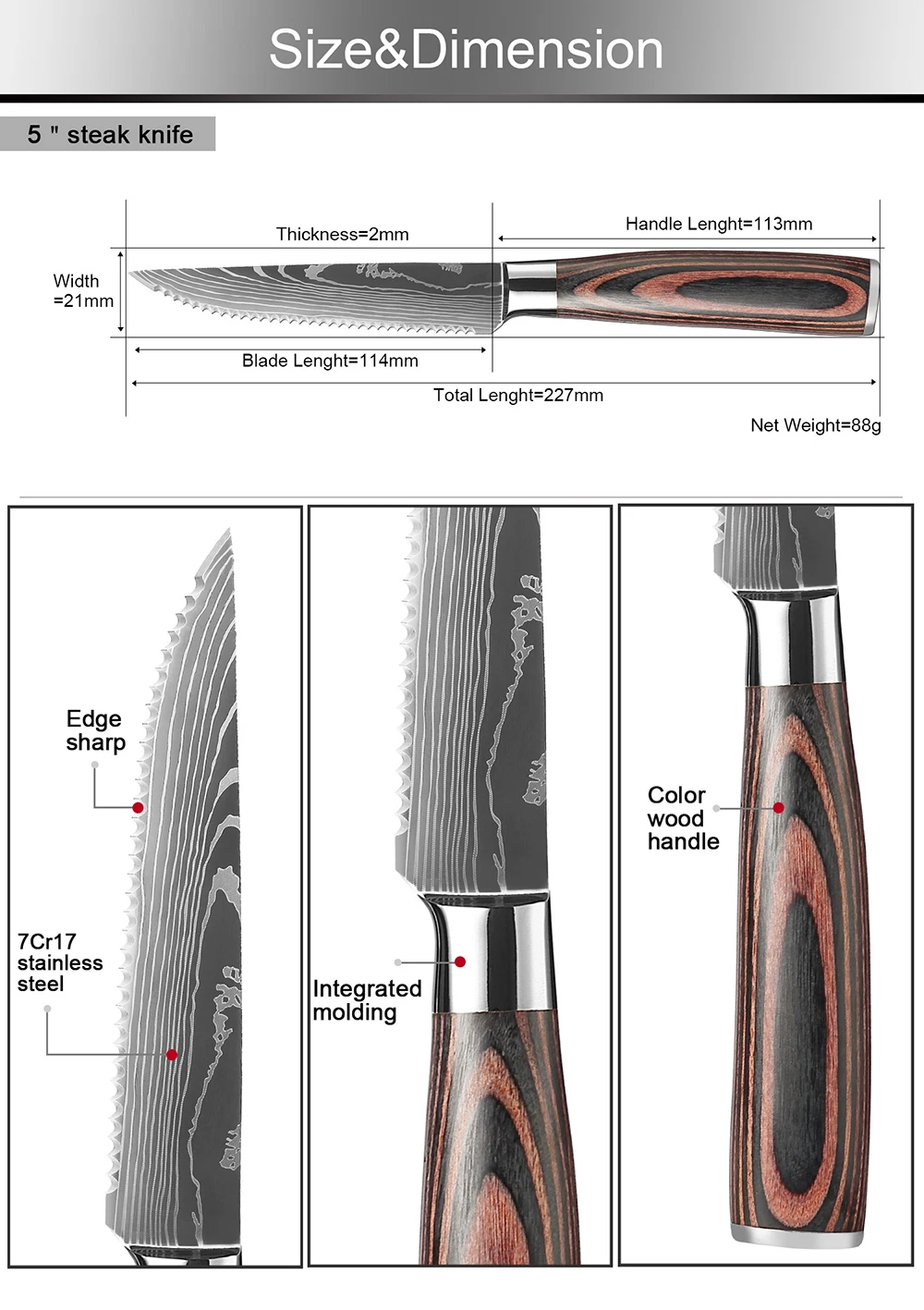 High Quality Steak Knife Damascus Pattern Stainless Steel Serrated Meat ...