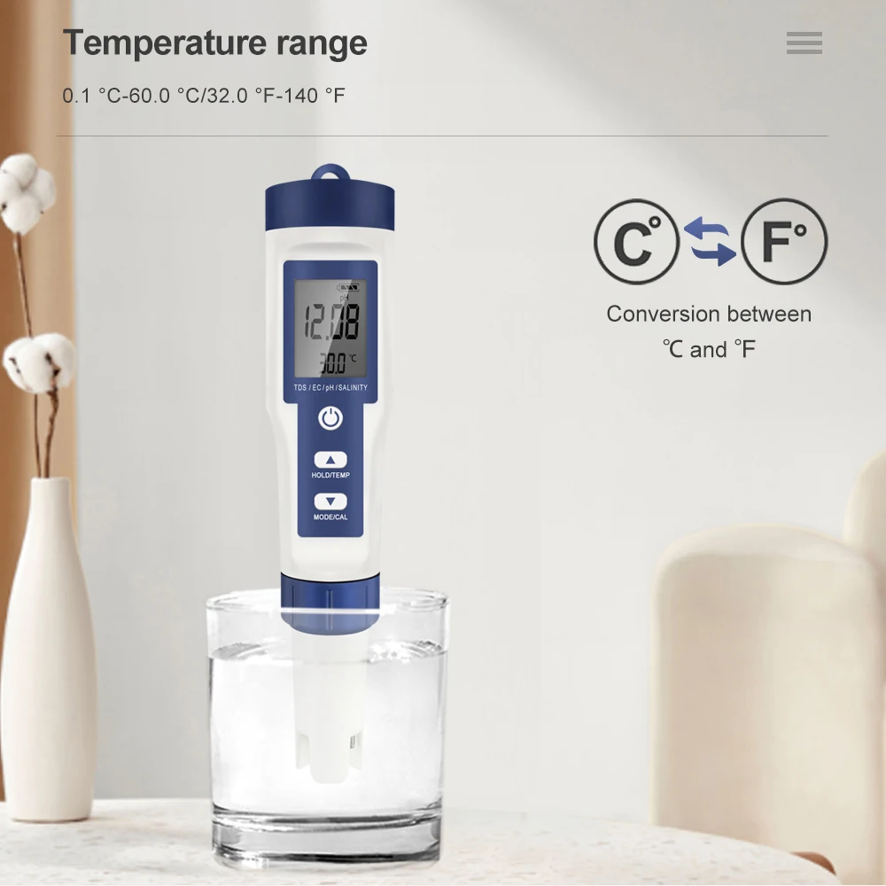 Portable Waterproof 5-in-1 Water Quality Tester - PH Meter