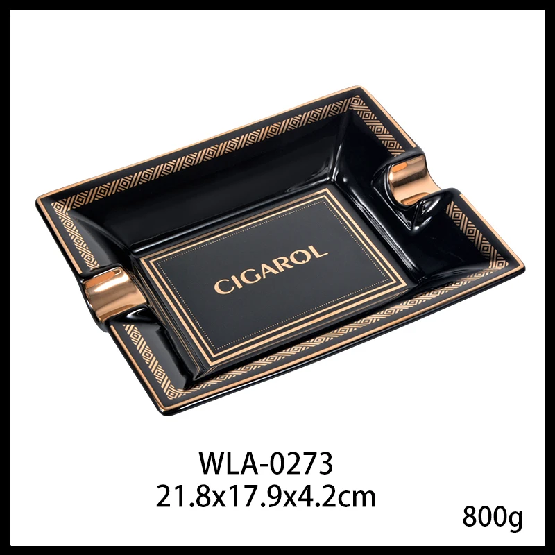 Rectangular Large Ceramic Ashtray Cigar Club bar Black Real Gold Smoke ...