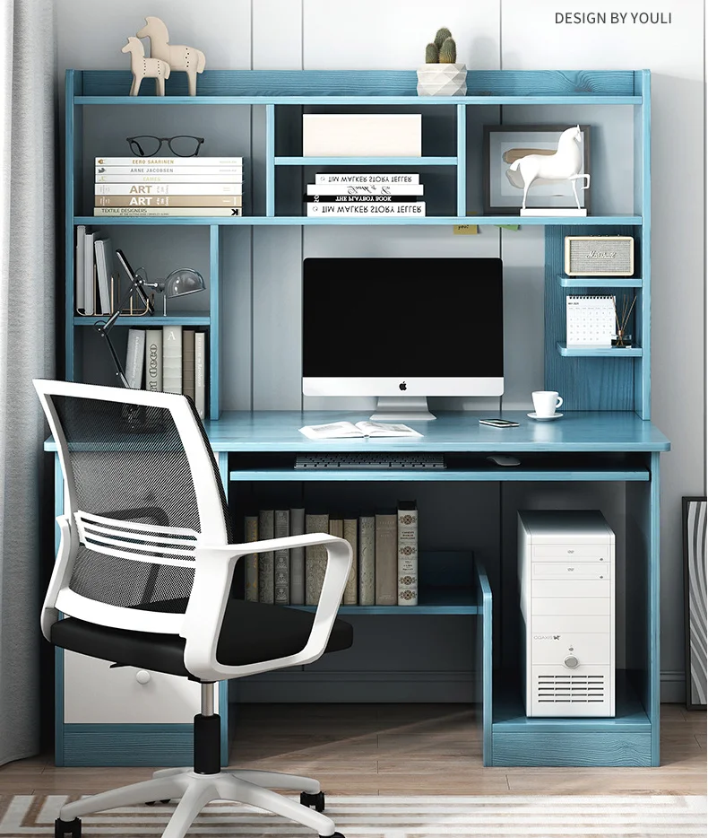 Small Computer Table Wood Desktop Bookshelf Integrated Office Wooden ...