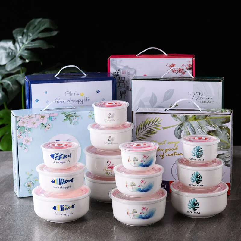 Hot sale modern design fresh-keeping bowl with cover ceramic 3pcs set ...